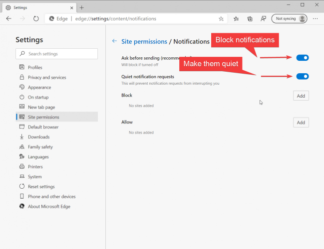 How to enable Quiet notification requests in Microsoft Edge