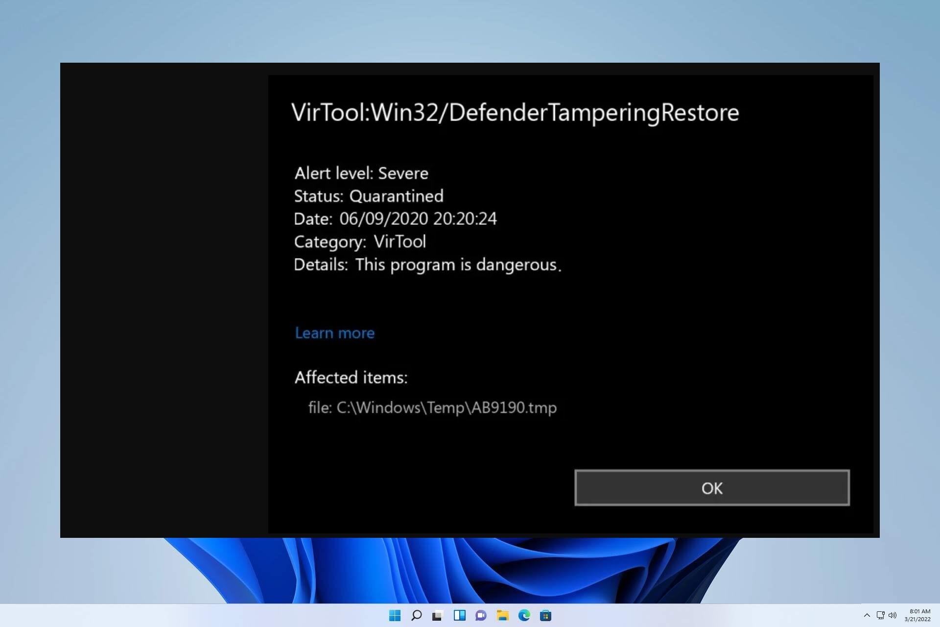 VirTool:Win32/DefenderTamperingRestore: How to Remove