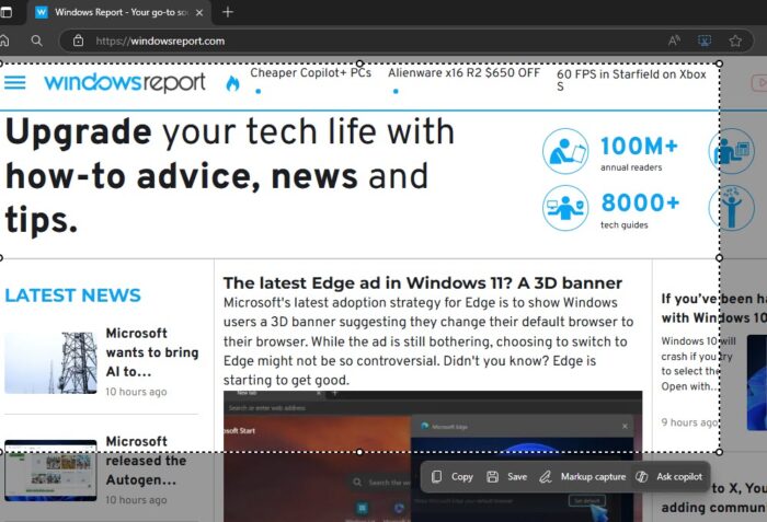 Microsoft Edge may integrate Copilot into the Screenshot tool
