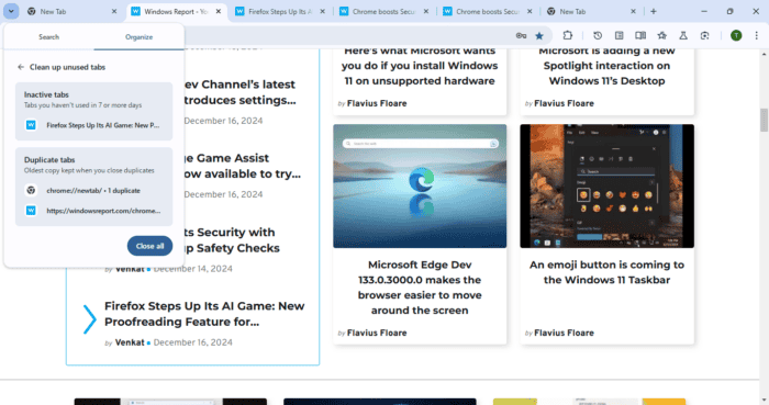 Chrome lets you find and close duplicate tabs via Tab Search