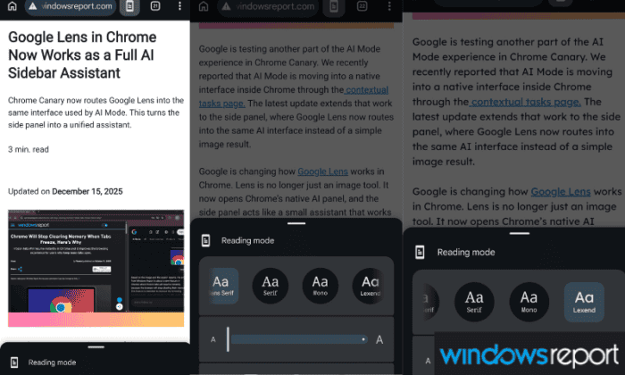 Chrome for Android tests the Lexend font in Reading Mode for long articles